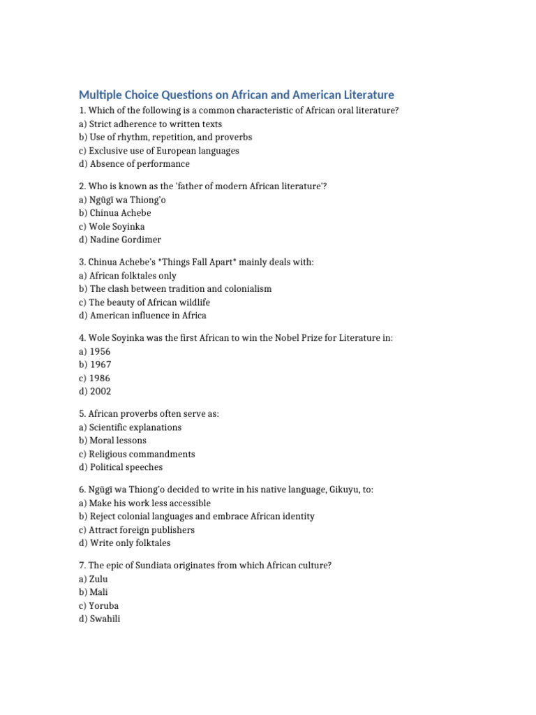 African and American Literature Quiz | PDF | African Literature