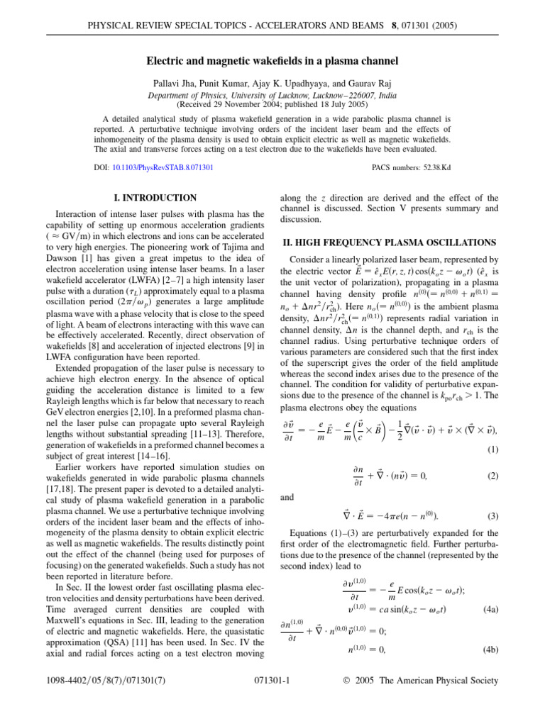 Electric and Magnetic Wakefields in A Plasma Channel | PDF | Plasma ...