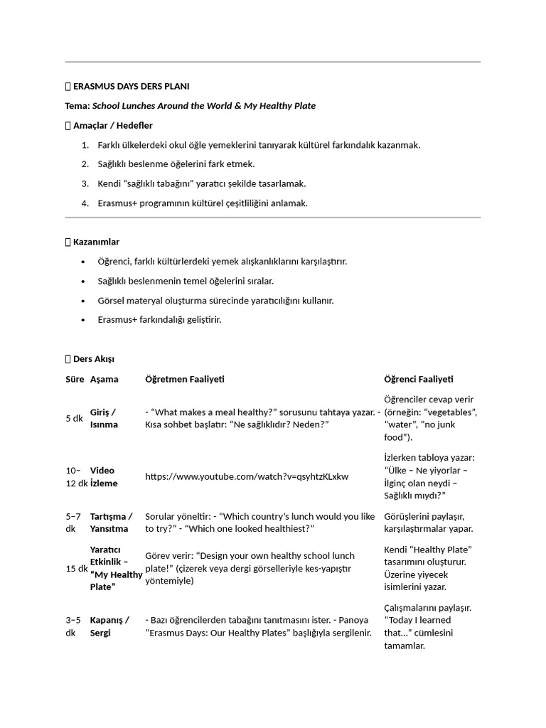 ? ERASMUS DAYS DERS PLANI-healthy Eating 5th Grade | PDF