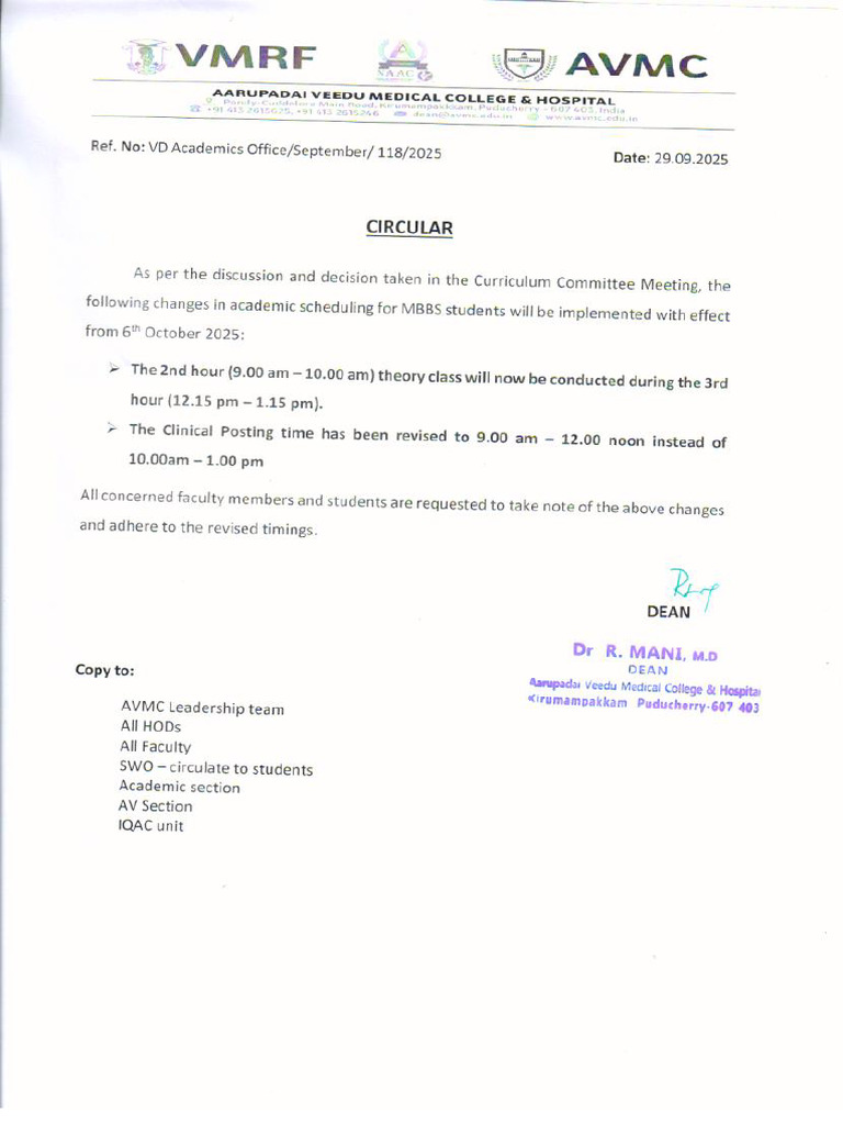 Revised Academic Schedule Timings for All MBBS Students | PDF