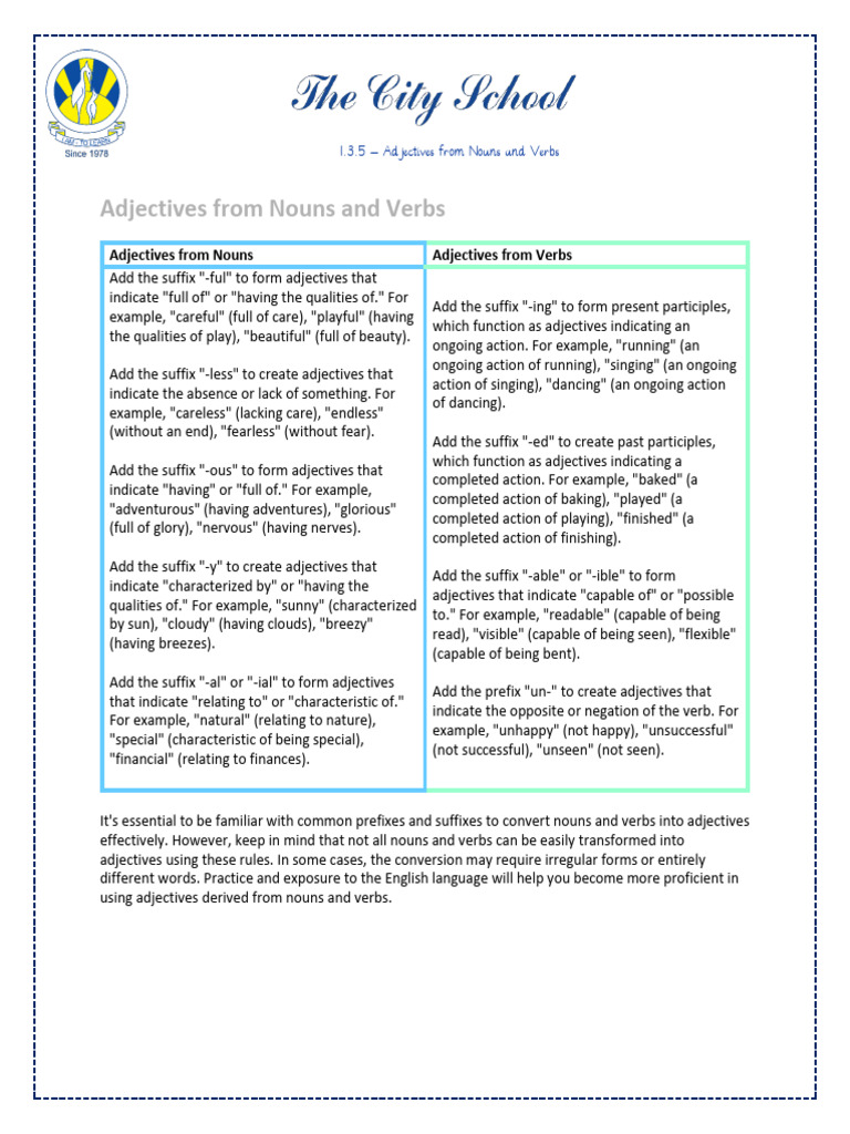 Adjective Formation from Nouns & Verbs | PDF | Adjective | Verb