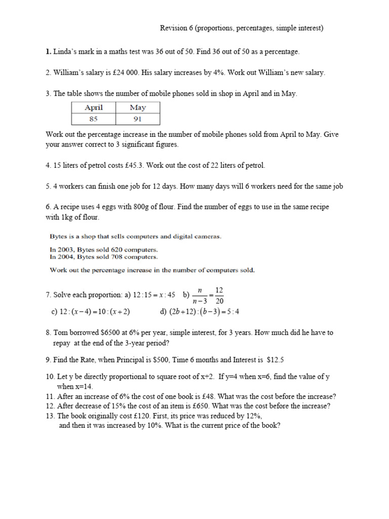 Revision 6 (Percentages, Proportions, Simple Interest) | PDF