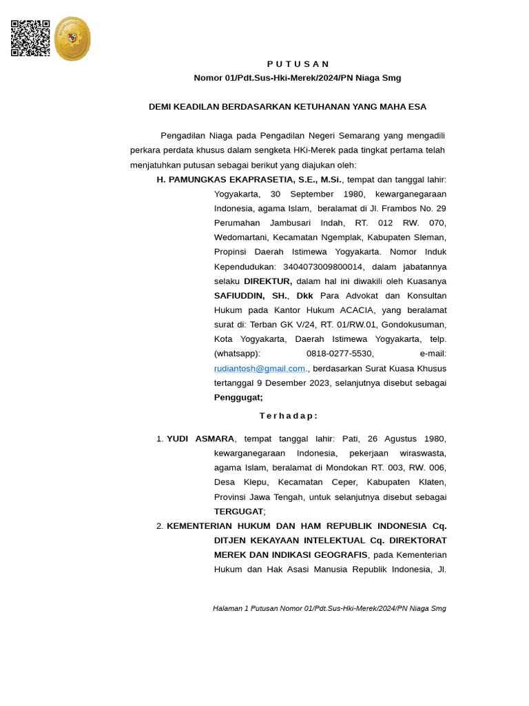 Putusan 1 PDT - Sus-Hki-Merek 2024 PN Niaga Smg. 20251003082323 | PDF