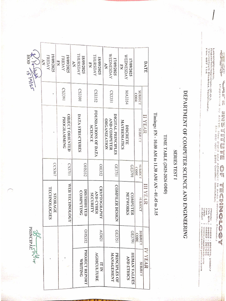 Internal Exam Time Table 2025-2026 | PDF