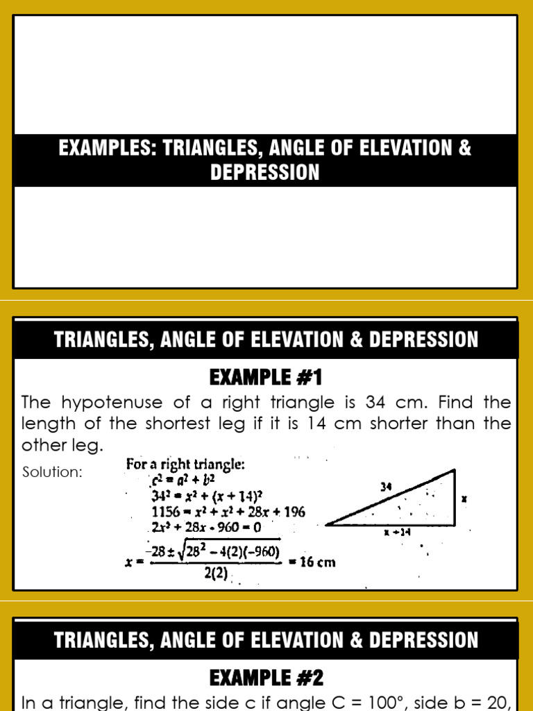 Triangle Problems: Elevation & Depression | PDF | Triangle | Angle