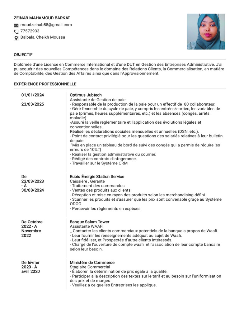 CV de Zeinab Mahamoud Barkat | PDF | Gestion de la relation client ...