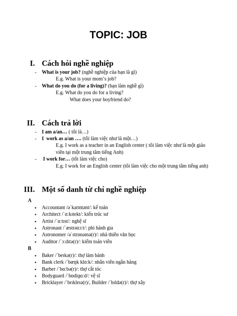 Vocabulary Topic - Job | PDF