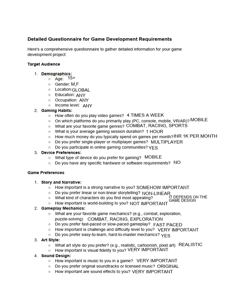Detailed Questionnaire For Game Development Requirements | PDF | Video ...