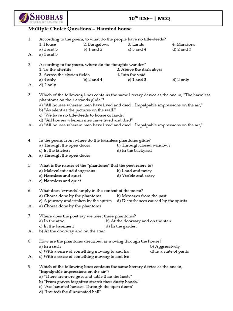 Haunted House Poem MCQs for ICSE | PDF | Mind