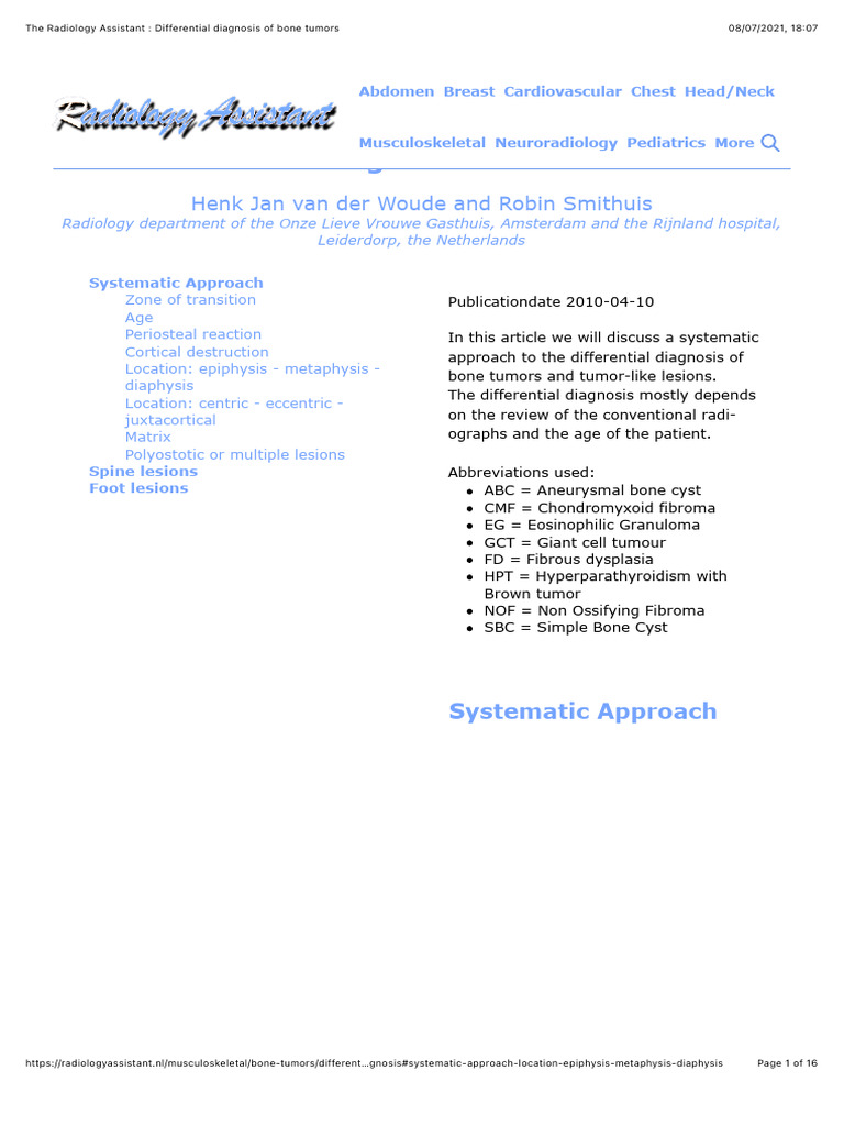 Differential Diagnosis of Bone Tumors | PDF | Bone | Metastasis