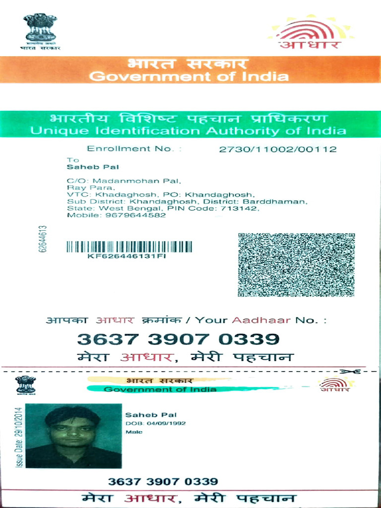 Aadhaar Card Details for Saheb Pal | PDF | Identity Document ...