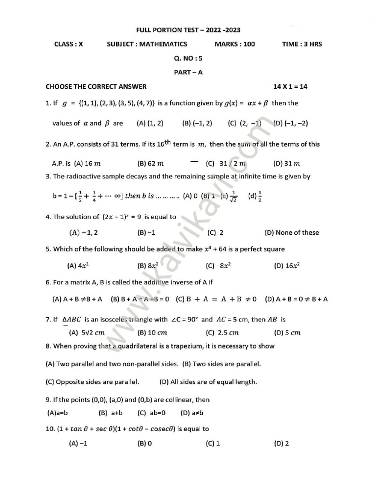 10th Maths Full Portion Test Question Paper 2022 2023 English Medium ...