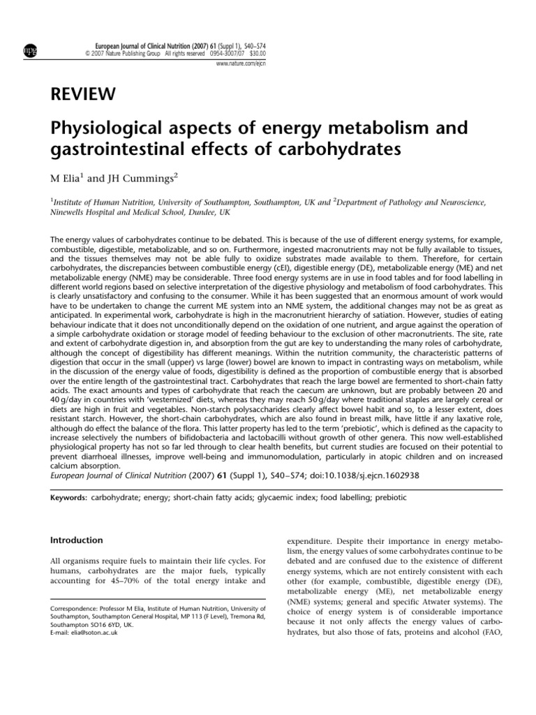 Physiological Aspects of Energy Metabolism and | PDF | Dietary Fiber ...