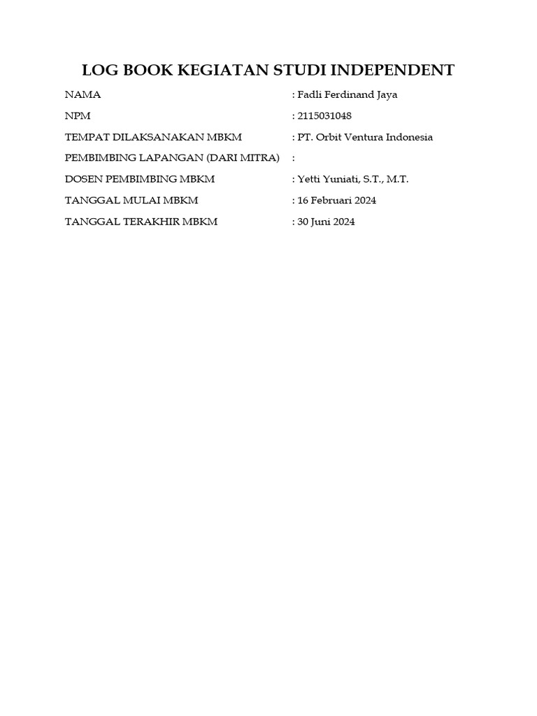 Log Book Kegiatan - Studi Independen - Fadli Ferdinand Jaya | PDF