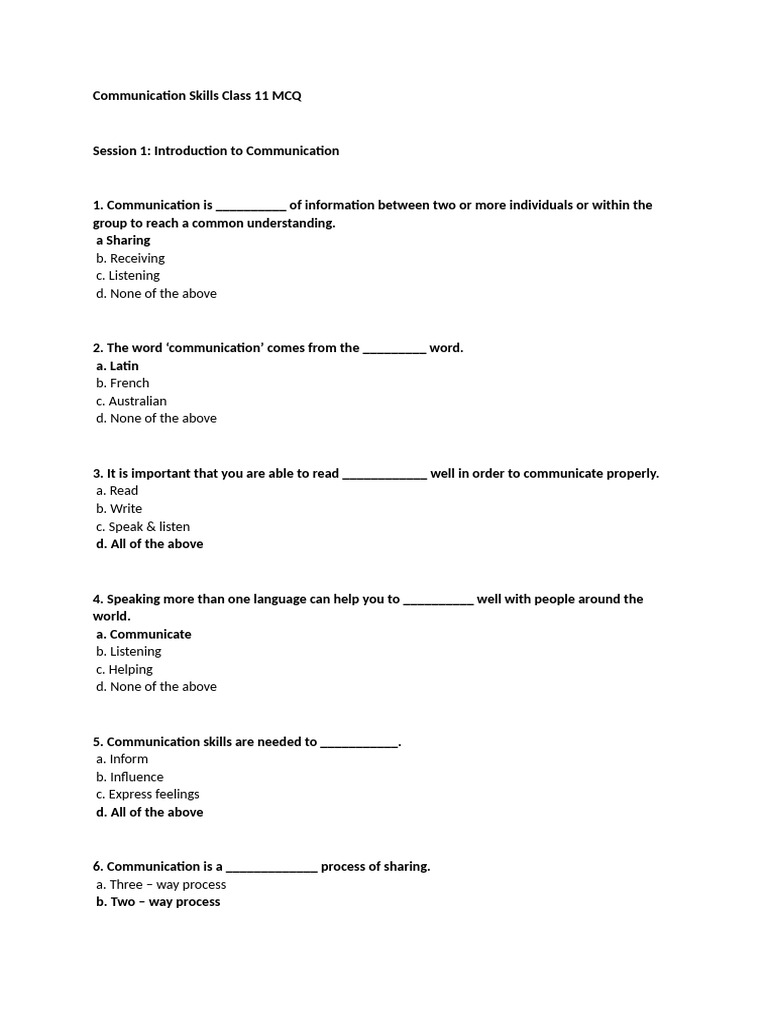 Communication Skills Class 11 MCQ | PDF | Part Of Speech | Communication