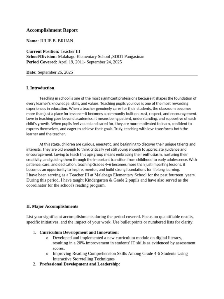 Julie Bruan's Teaching Accomplishments Report | PDF | Teachers | Mentorship