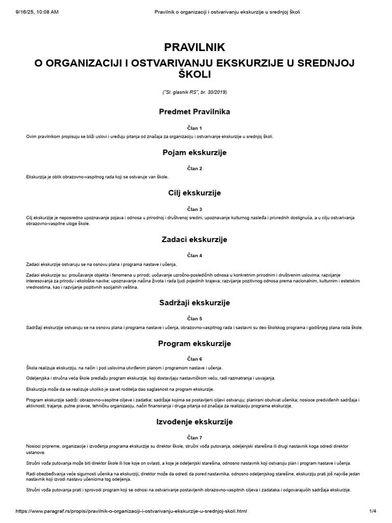 Pravilnik o Organizaciji I Ostvarivanju Ekskurzije U Srednjoj Školi | PDF