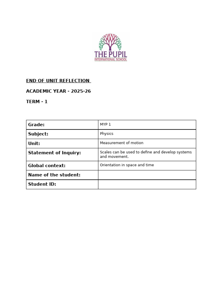 End of Unit Reflection MYP 1 | PDF