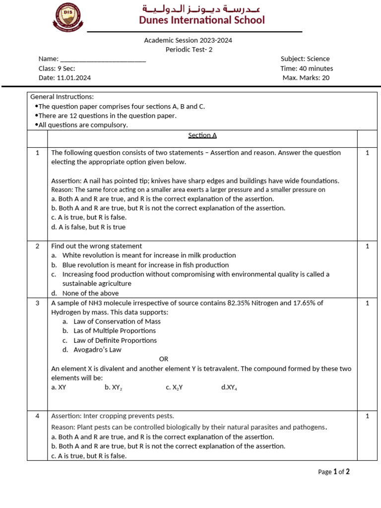 Class 9 Science Periodic Test 2024 | PDF | Water | Density
