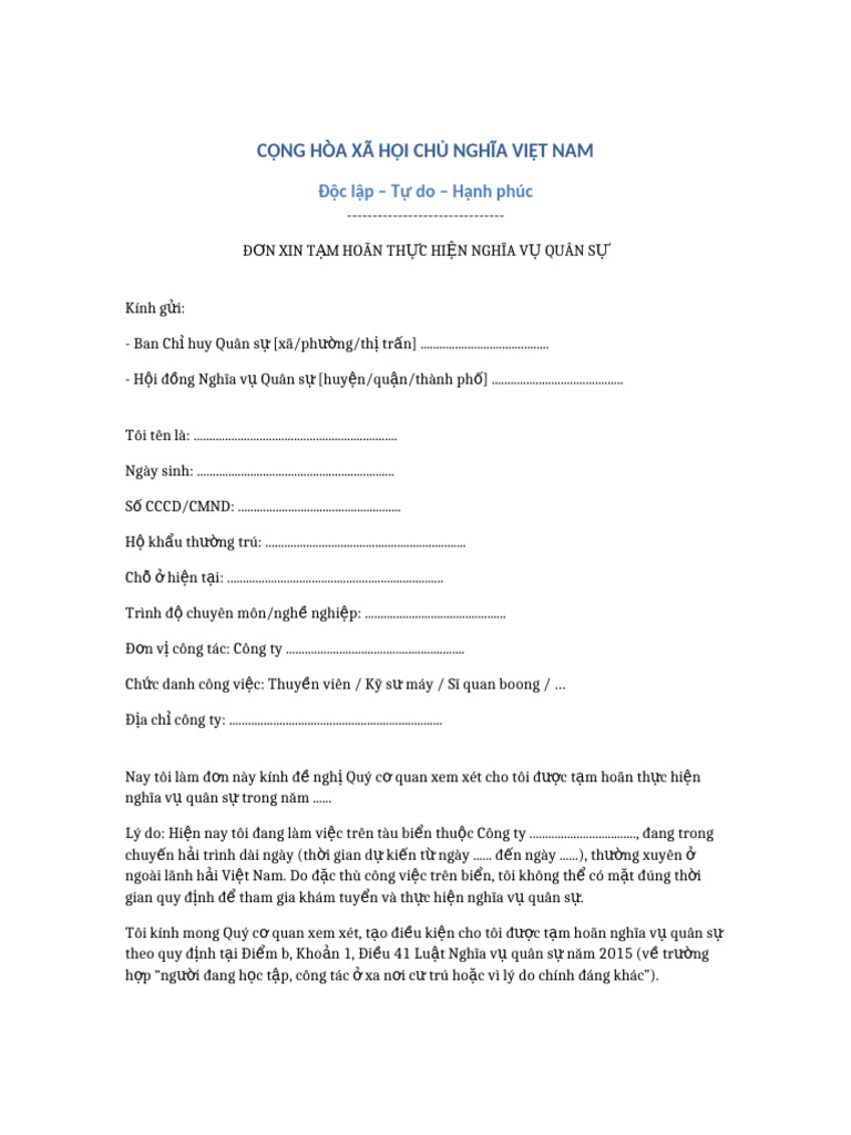 Don Xin Tam Hoan Nghia Vu Quan Su Ly Do Di Tau Bien | PDF