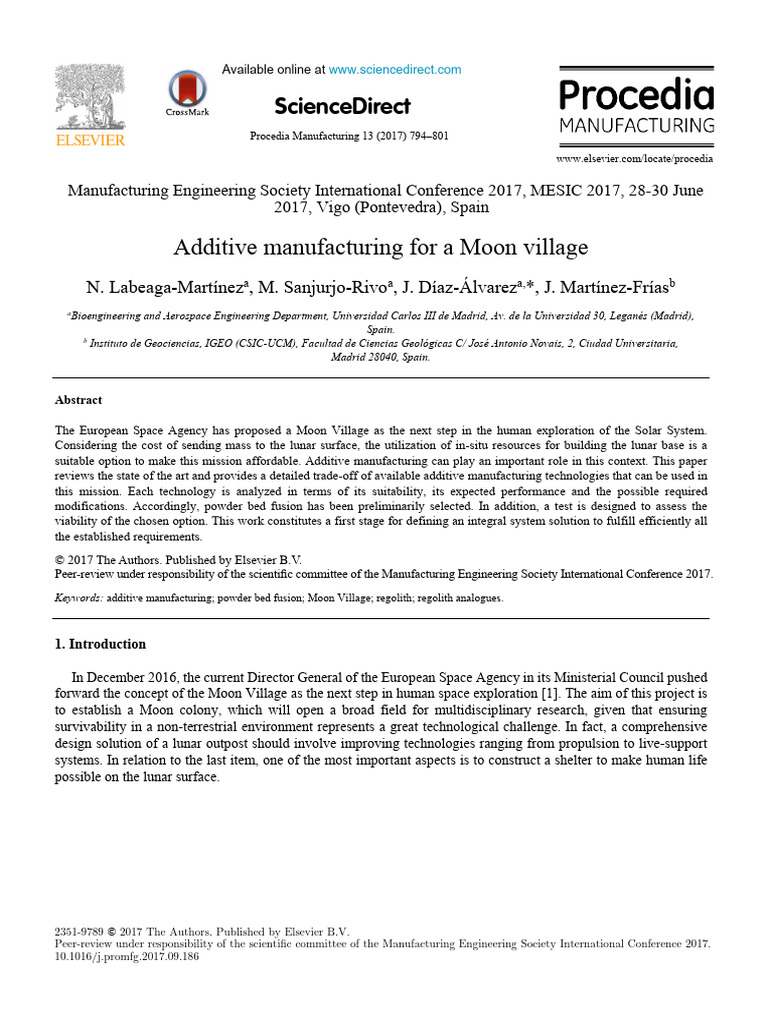 Additive Manufacturing For A Moon Villag | PDF | Moon | 3 D Printing
