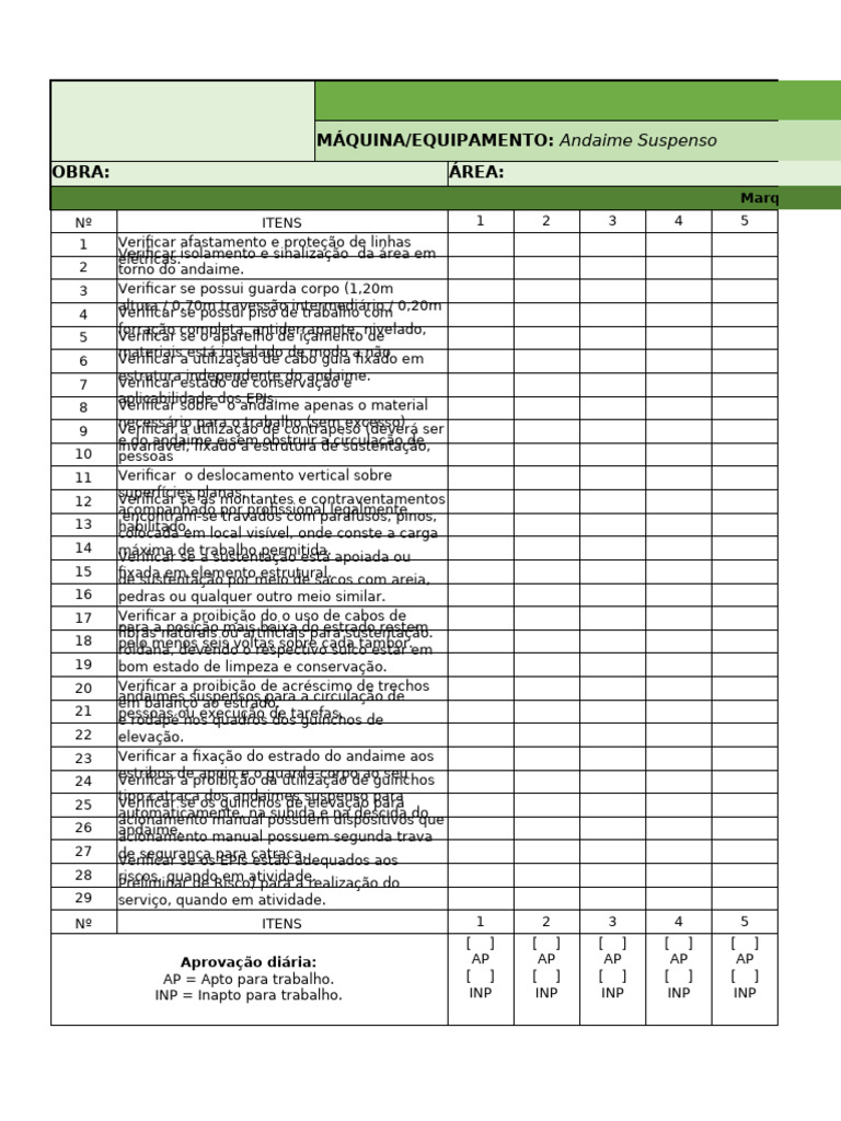 CHECK-LIST - INSPEÇÃO DE SEGURANÇA DO TRABALHO - Andaime Suspenso | PDF