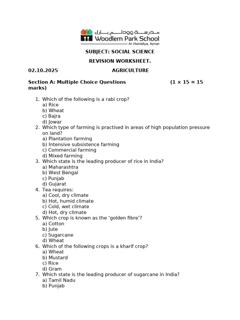 Revision Worksheet- Agriculture | PDF | Agriculture | Crops
