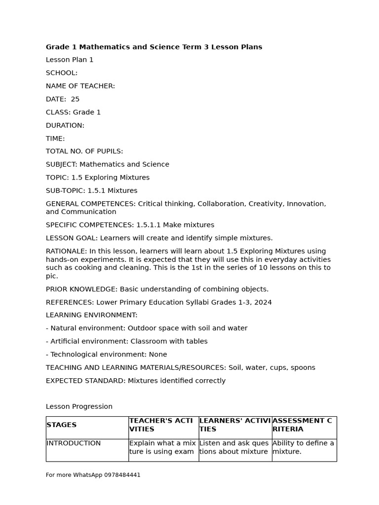 Grade 1 Mathematics and Science Term 3 Lesson Plans | PDF | Learning ...