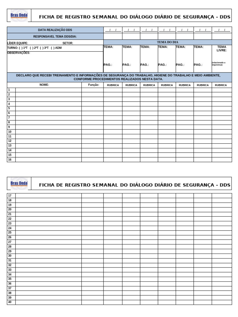 Ficha de Registro DDS Semanal | PDF