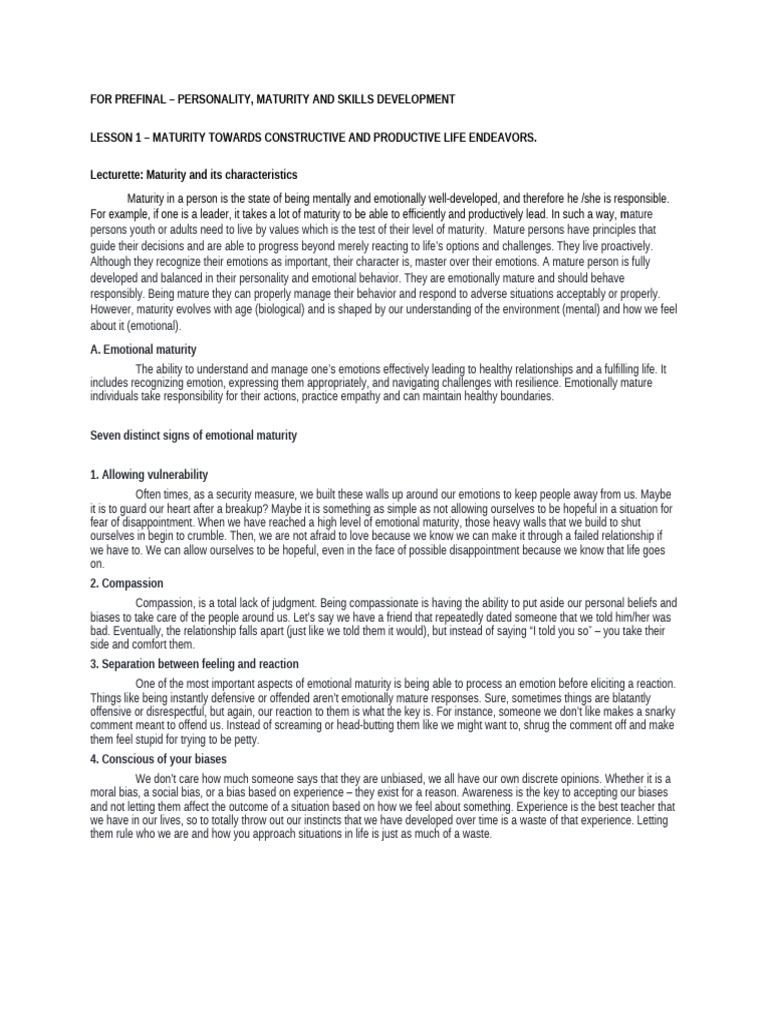 Maturity and Emotional Development Guide | PDF | Psychology ...