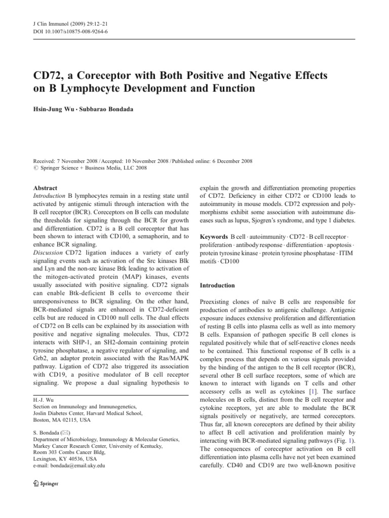 Hung Yu 2009 CD72 A Coreceptor With Positive and Negative Effects On B ...