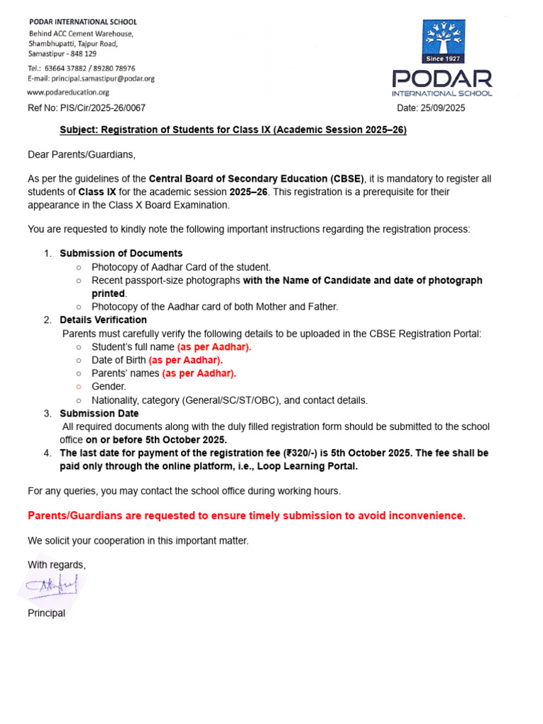 Class IX CBSE Registration Deadline 2025-26 | PDF