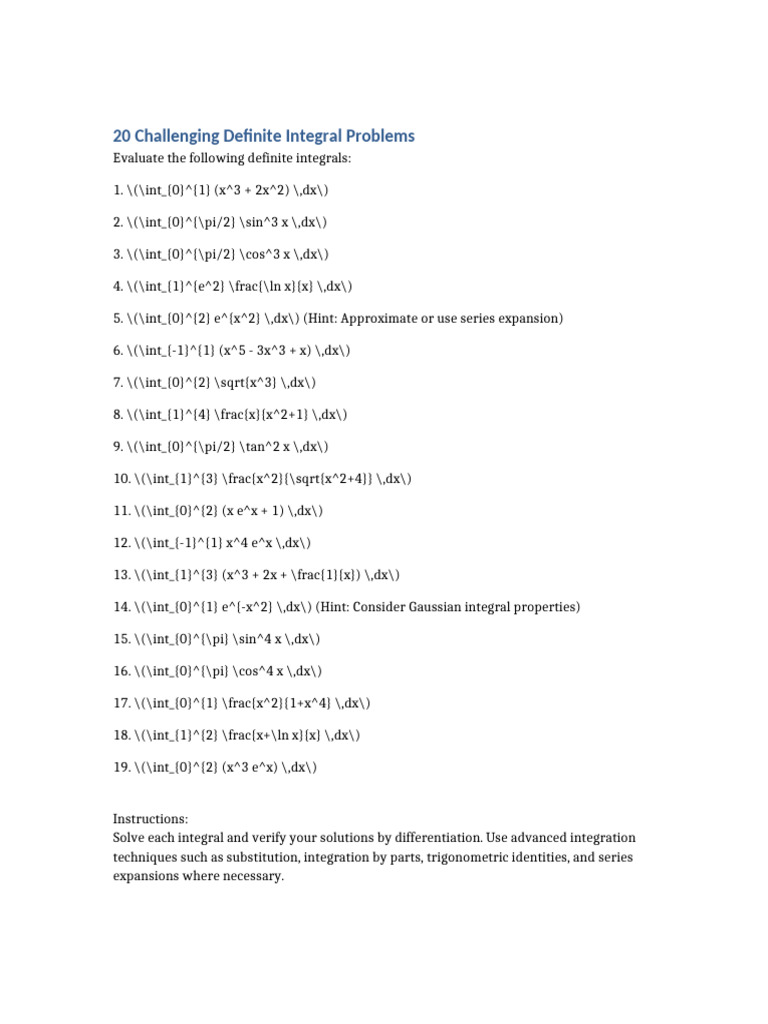 20 Advanced Definite Integral Problems | PDF