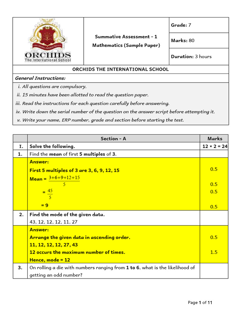SA1 - T1 - Grade 7 - Mathematics - AS - Sample | PDF