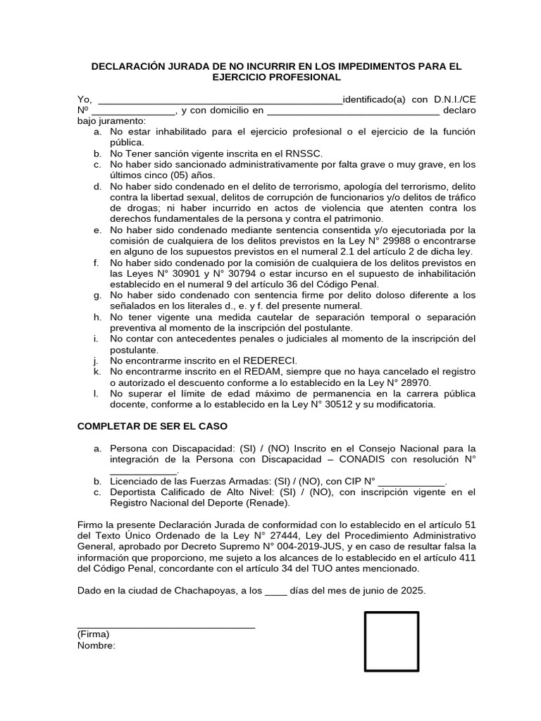 Declaración Jurada de No Incurrir en Los Impedimentos para El Ejercicio ...