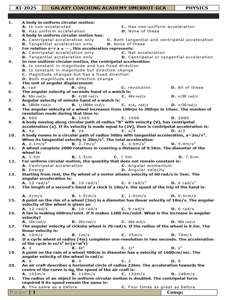 Projectile Motion and Circular Motion With Key | PDF | Acceleration | Space