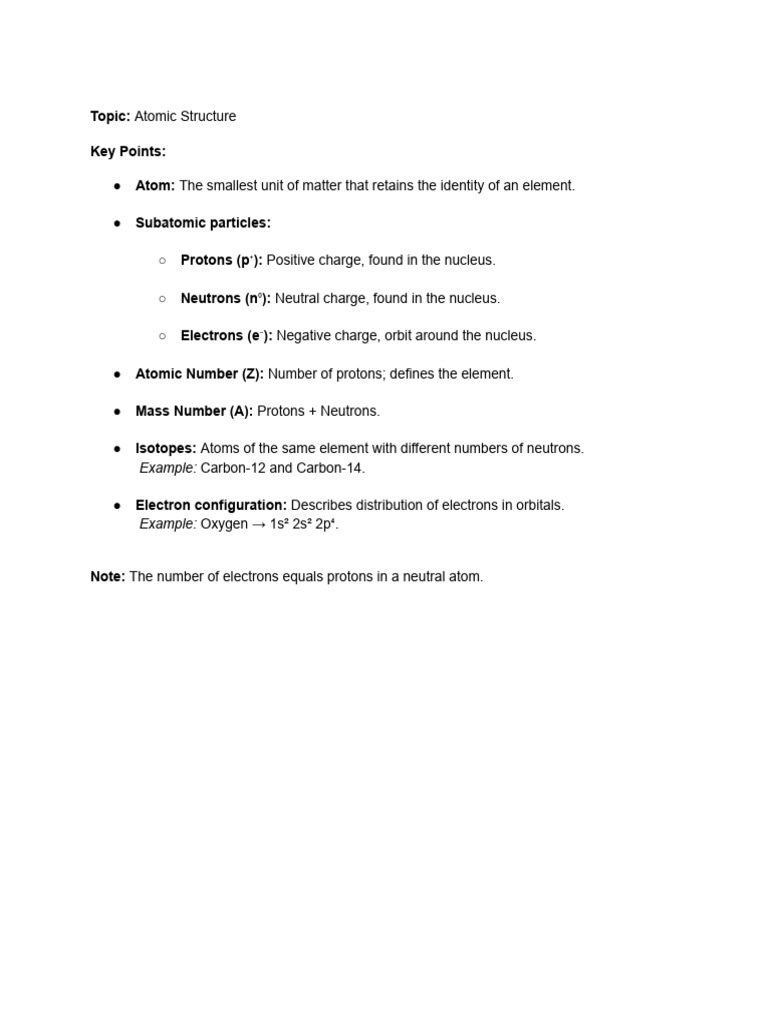 Topic: Key Points: Atom: Subatomic Particles: Protons (P) : Neutrons (N ...