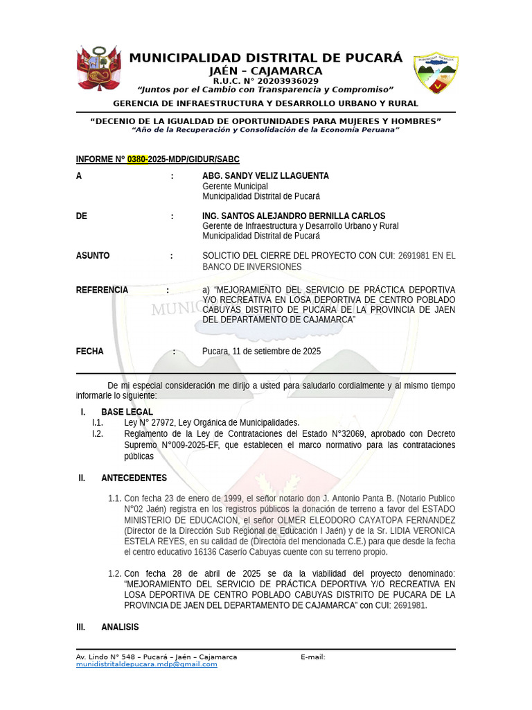 Informe 380 - 2025 - Solictio Del Cierre Del Proyecto Con Cui 2691981 ...