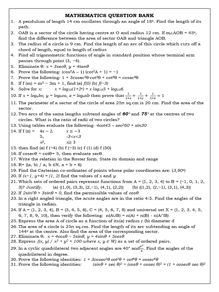Comprehensive Mathematics Question Bank | PDF | Circle | Area