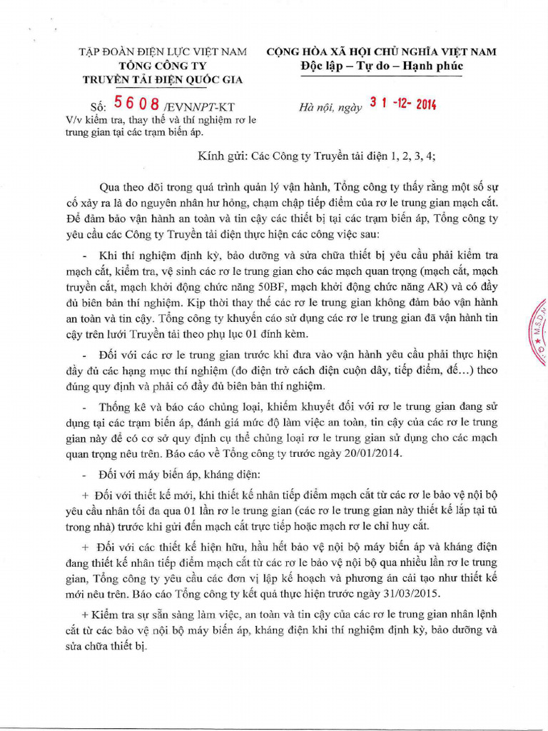 Npt5608 Evn NPT KT Thay The Kiem Tra Va Thi Nghiem Ro Le Trung Gian | PDF