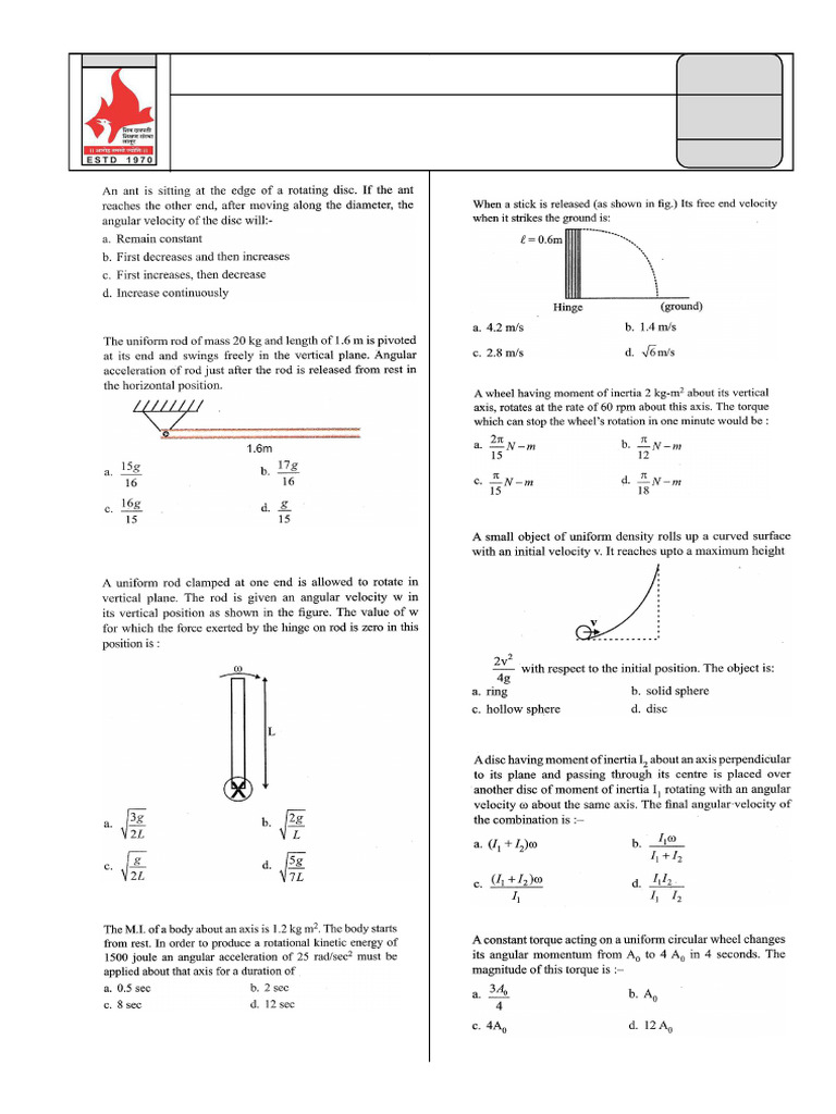 M PQ No. 08 Rotational Motion (Topic - Energy in Rotation) Questions | PDF