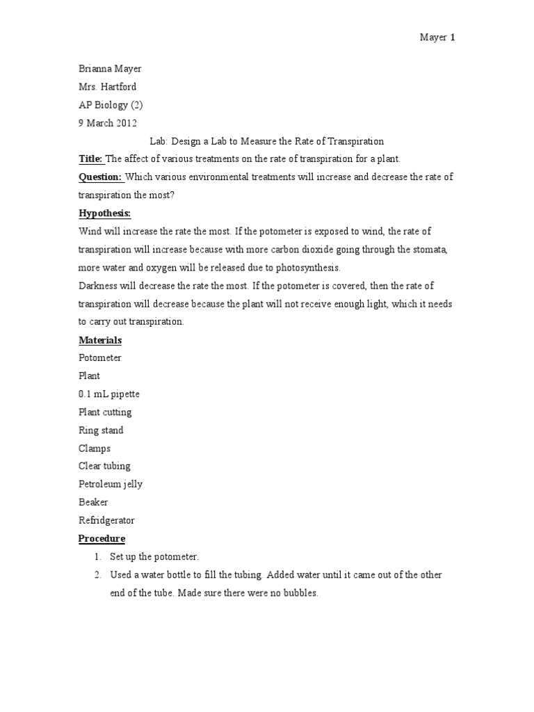 Lab - Rate of Transpiration | PDF | Stoma | Humidity