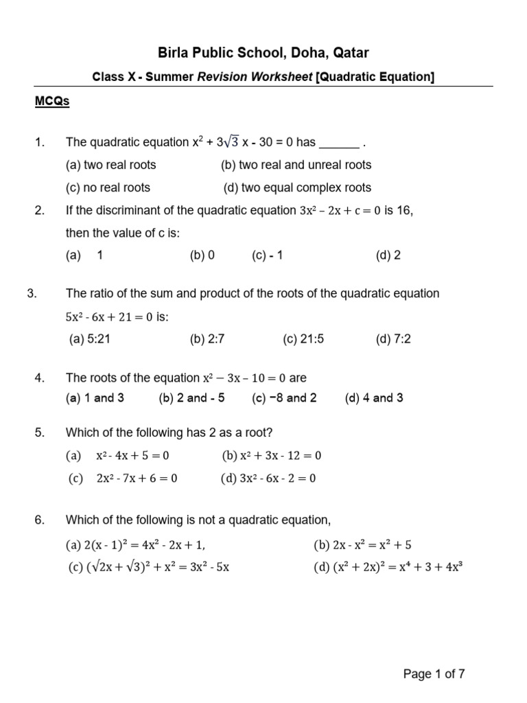 CH 4 - Quadratic Equation - X - Summer WS - 2025 | PDF | Speed ...