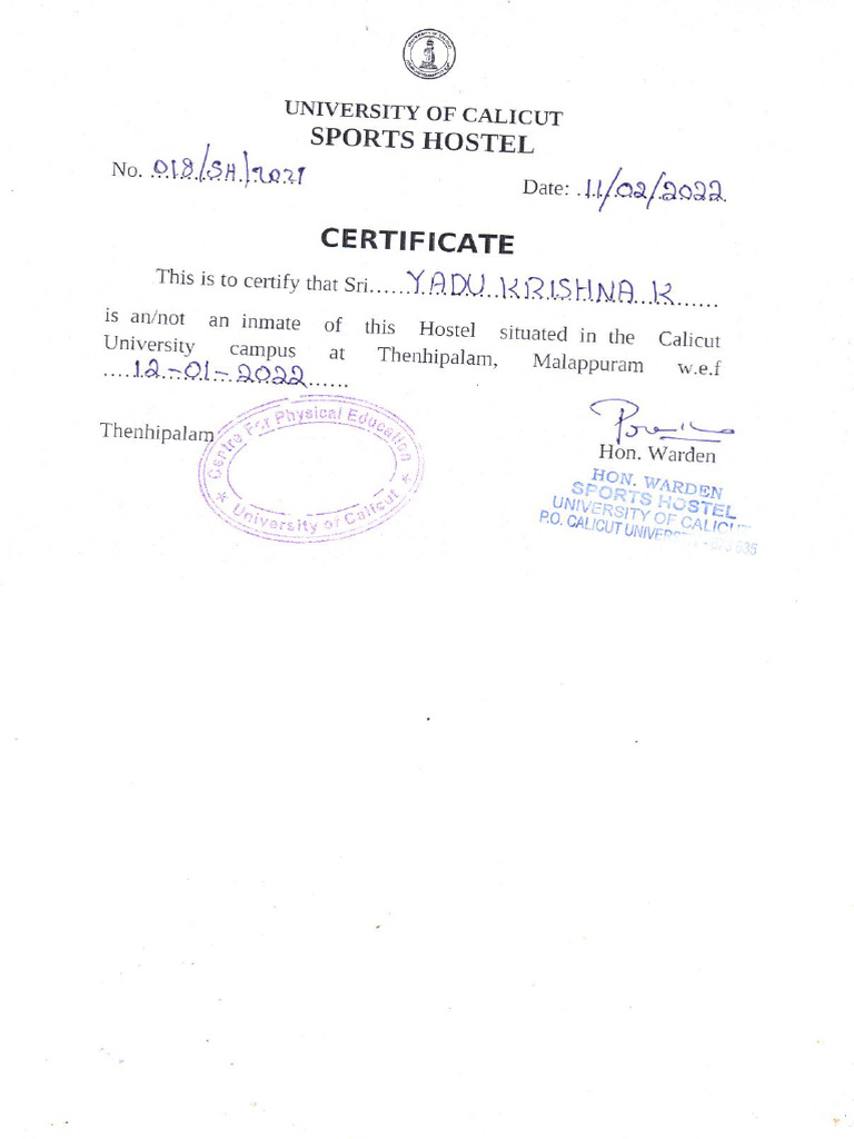 Hostel Inmate - Yadu Krishna K | PDF