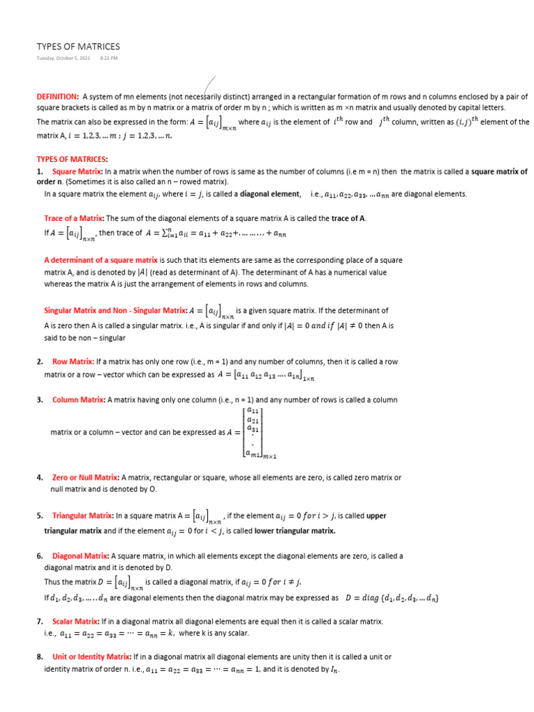 Types of Matrices Explained | PDF | Matrix (Mathematics) | Determinant