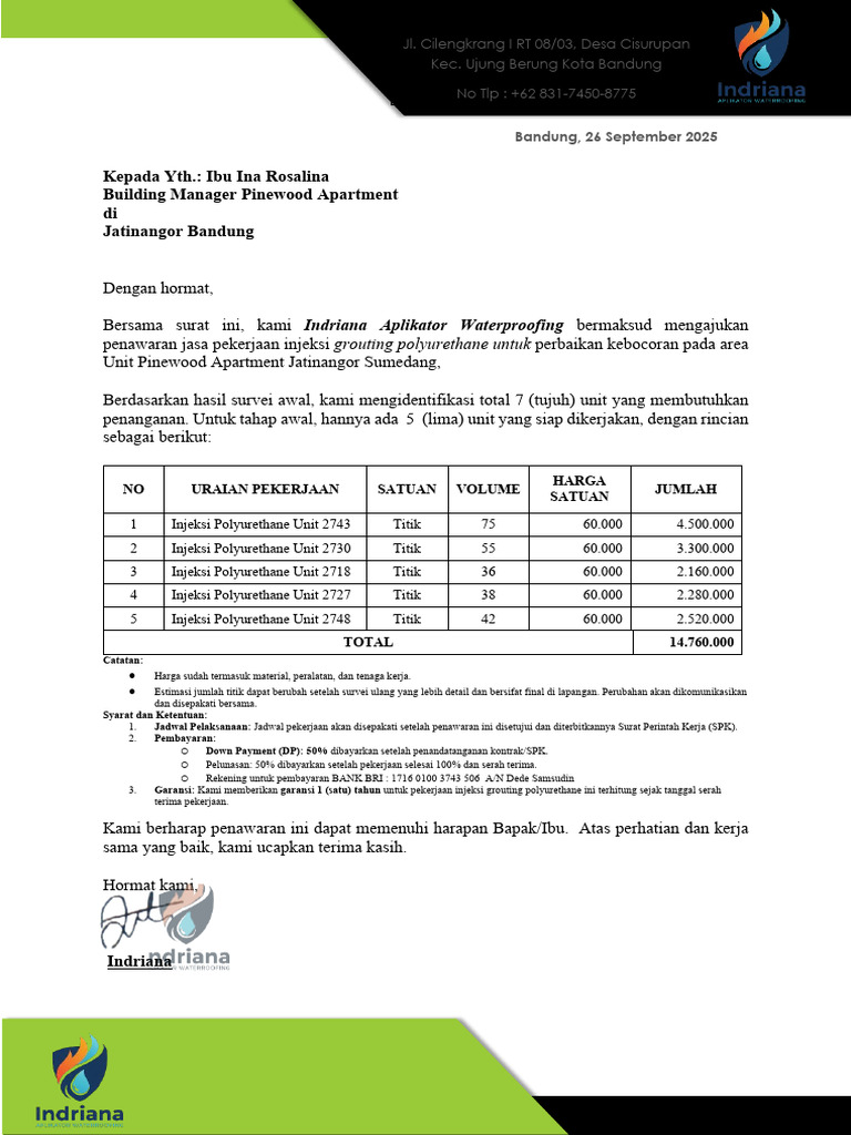 Penawaran Injeksi Grouting Polyurethane Pinewood Apartment Jatingor | PDF