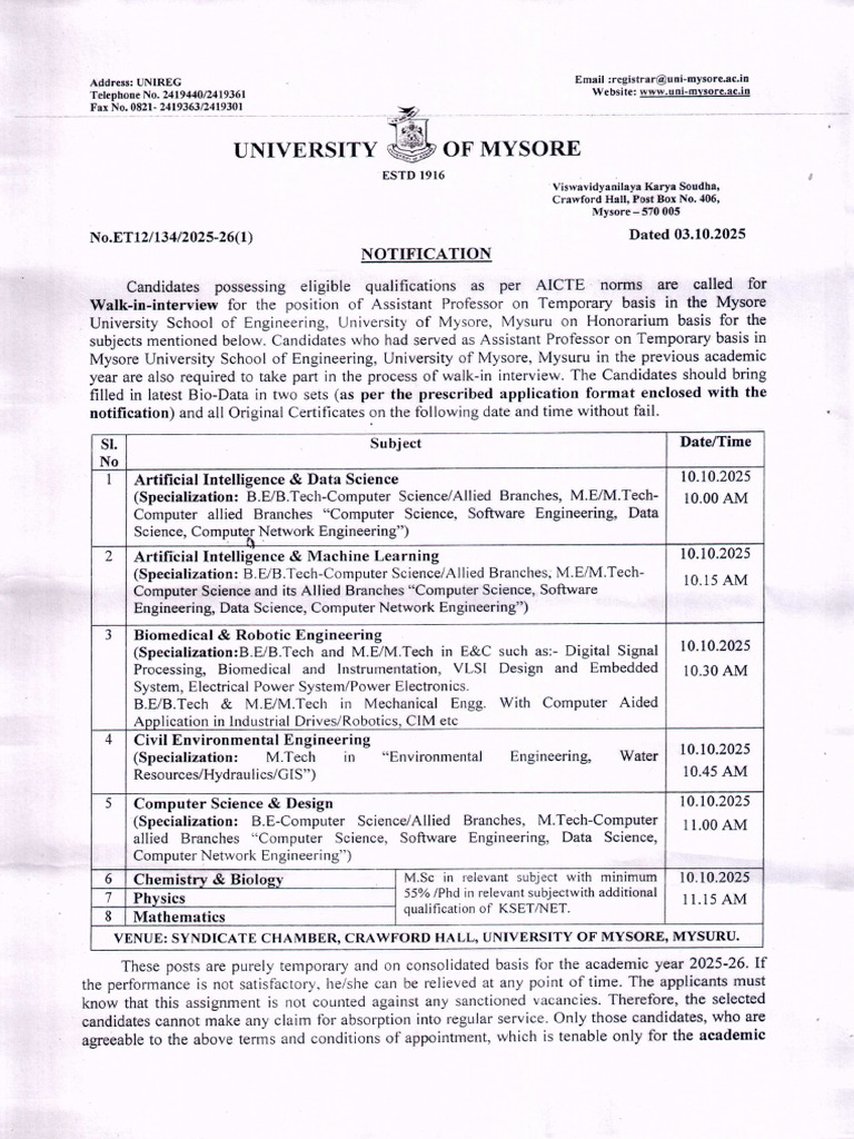 Mysore University Official Notification For Assistant Professor Post 1 | PDF