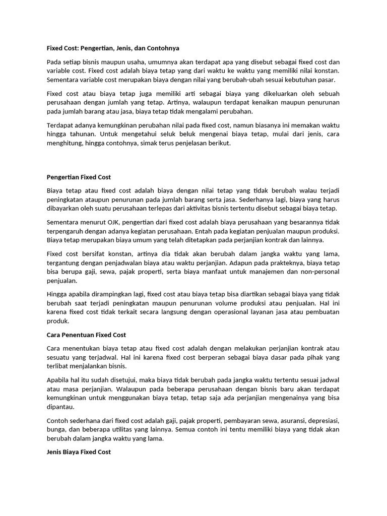 Pengertian dan Contoh Fixed Cost | PDF