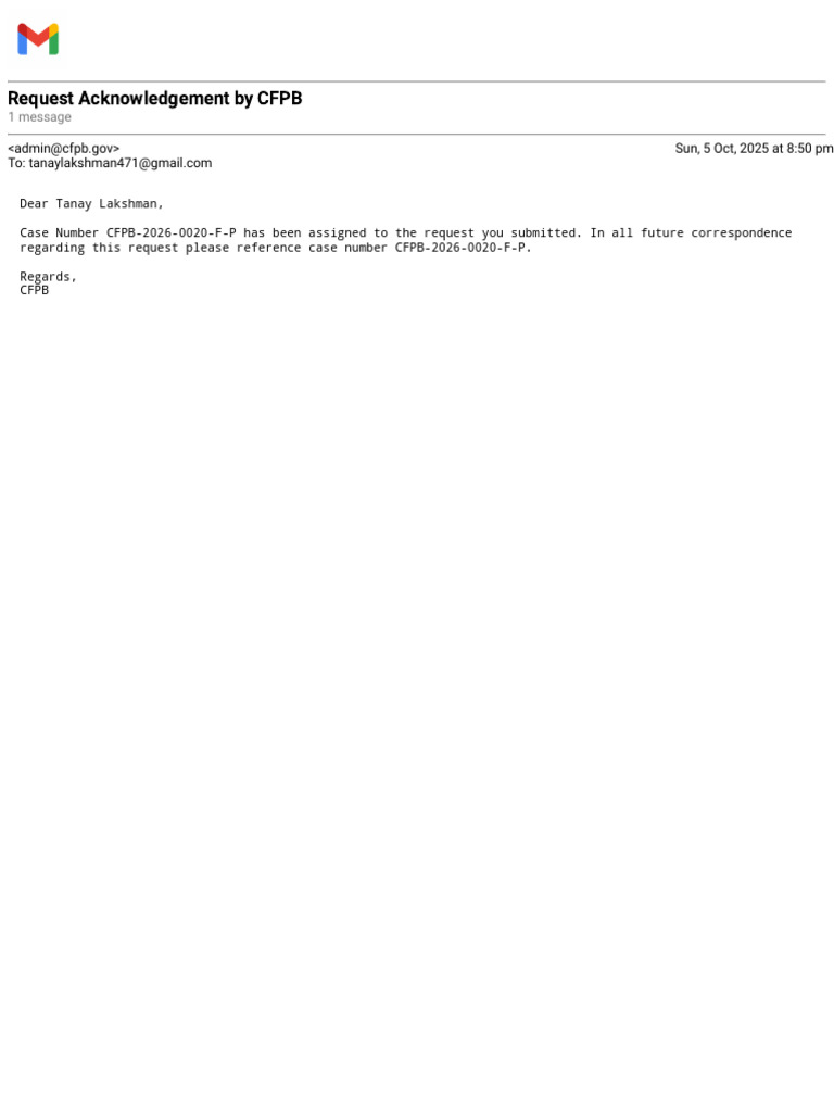 Gmail - Request Acknowledgement by CFPB | PDF