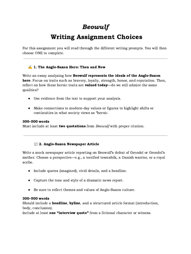 Beowulf Writing Assignment Options | PDF | Beowulf | Hero